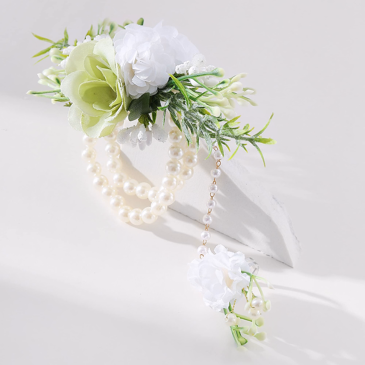 Yumikoo Rose Flower Wrist Corsage Bracelets - Prom Wedding Handmade Pearl White Corsage for Women