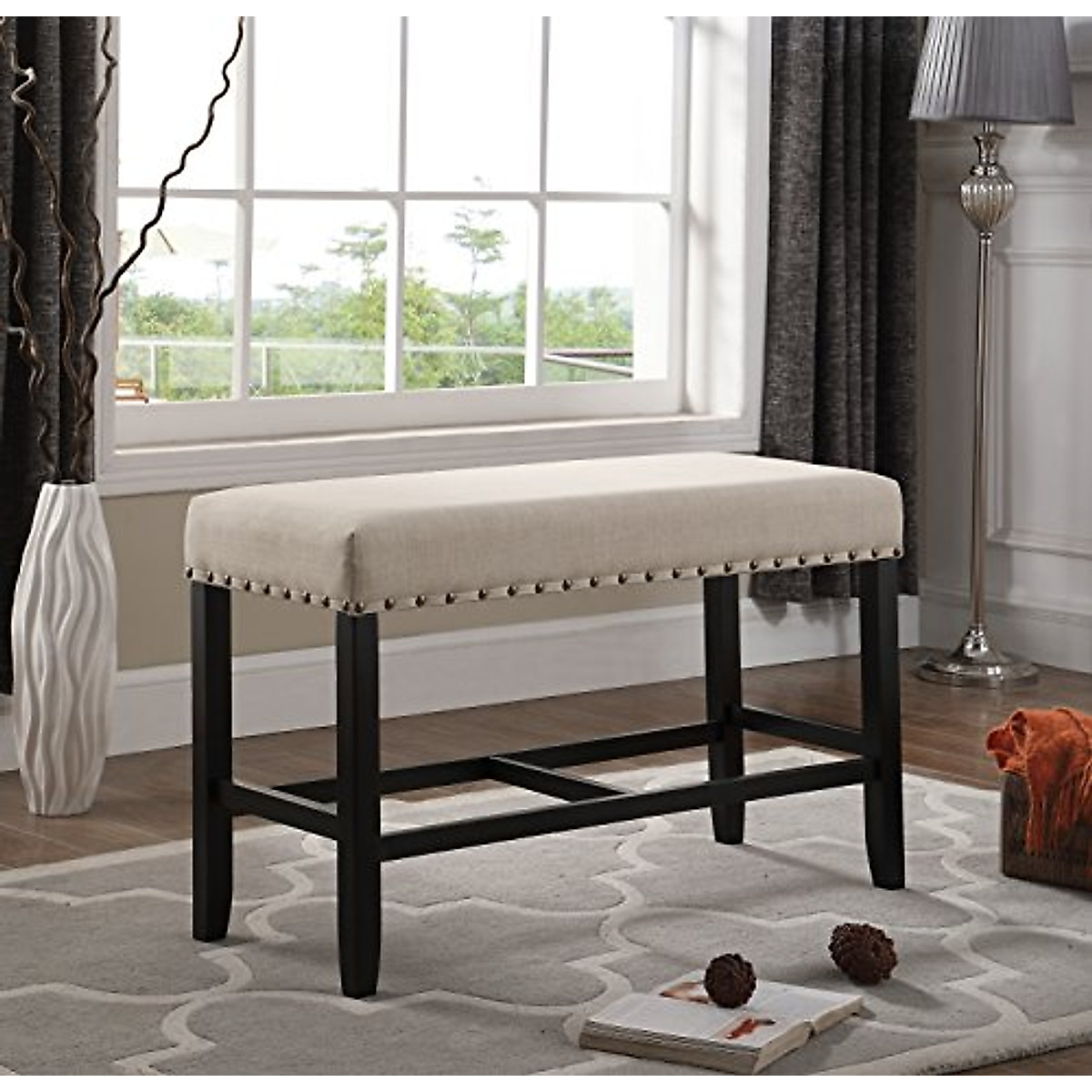 Roundhill Furniture Biony Fabric Counter Height Dining Bench with Nailhead Trim, Tan