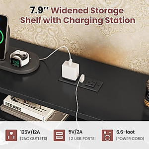 MSmask Queen Size Headboard Only, Upholstered Queen Size Bookcase Headboard with Charging Station and LED Lights, Modern LED Queen Bed Headboard with Storage, Bed Frame Adpater, Black