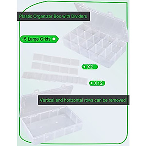 Tnqhuq Plastic Organizer Box Craft Box Bead Organizer Tackle Box Organizer 2 Pack 15 Large Grids Clear Craft Storage Box Snackle Box Container Washi Tape Organizer