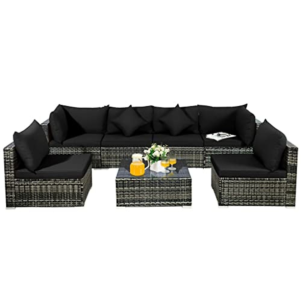 LUKEO 7PCS Patio Rattan Furniture Set Sectional Sofa Garden Black Cushion Corner Sofas and Single Sofas