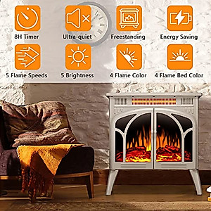 Antarctic Star Electric Fireplace Stove, Electric Fireplace Heater Freestanding with 3D Logs and Realistic Flame, Remote Control, Overheating Protection & All Steel Design, Adjustable Brightness Beige