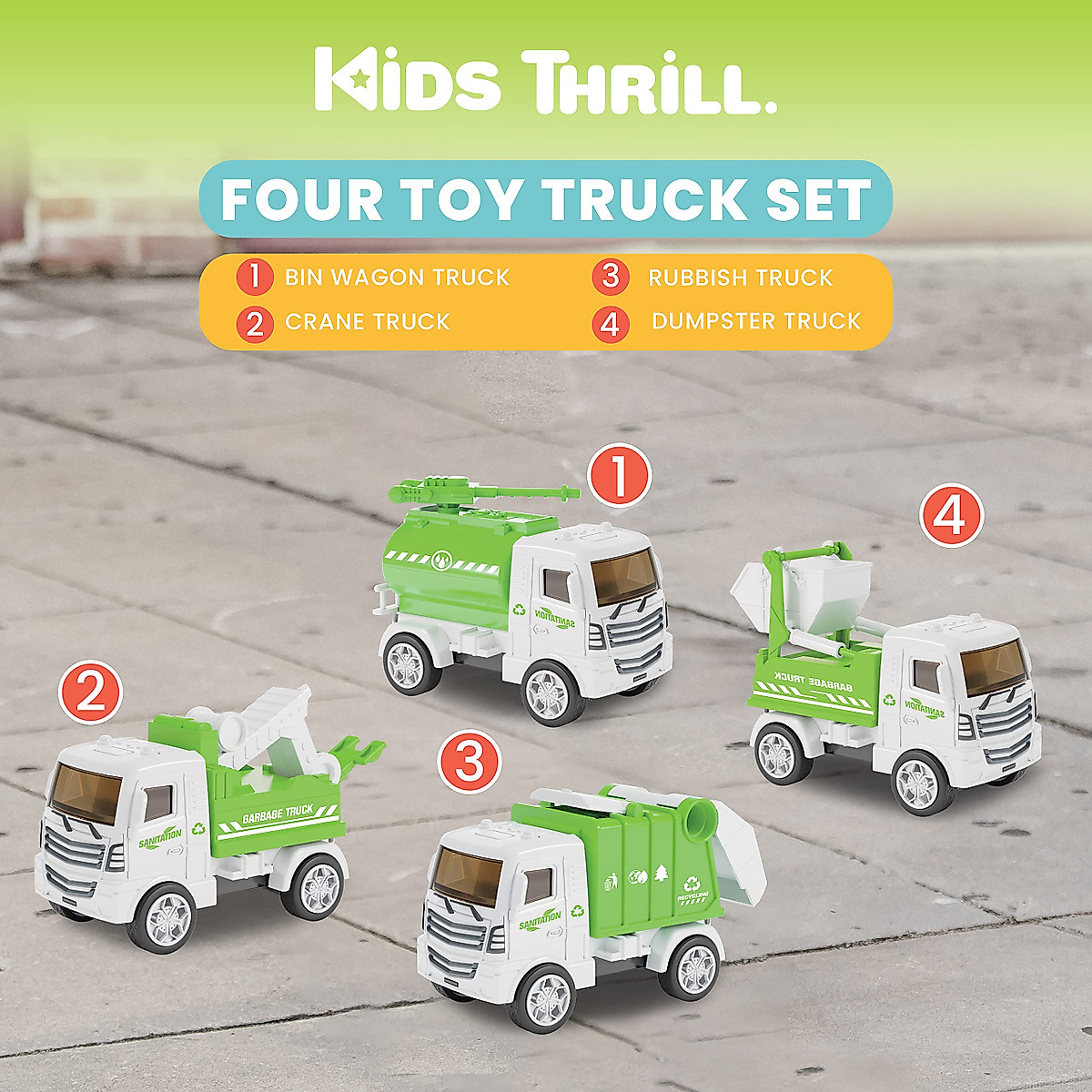 KIDSTHRILL Small Toy Garbage Truck Toys for Boys & Girls Aged 3-12 – 4pcs Set with Different Models, Garbage Truck Trash Truck & Dump Truck