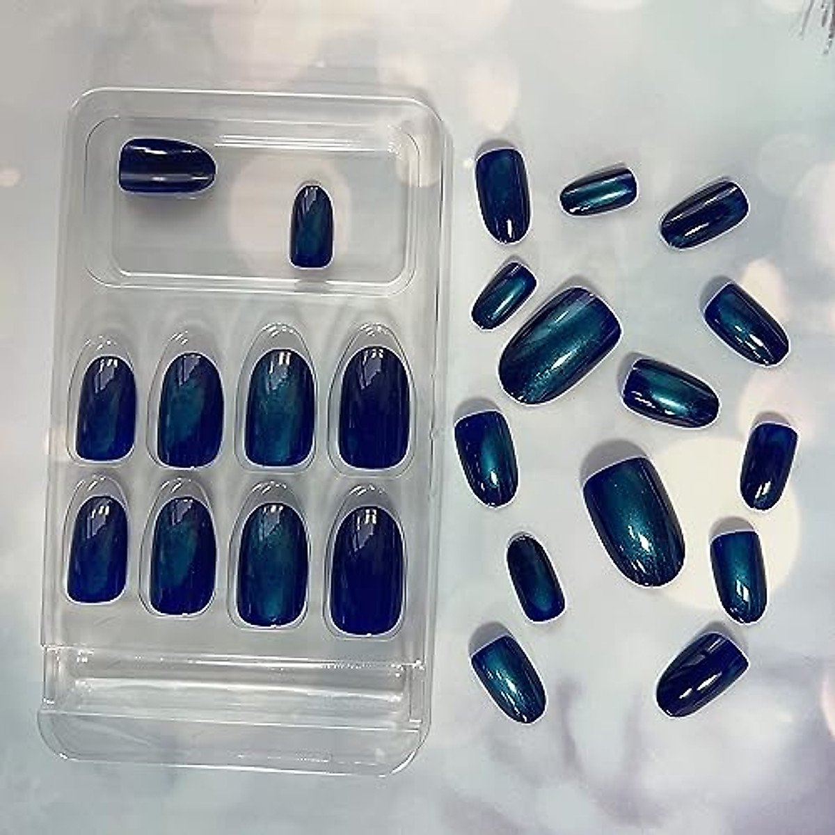 Aurora Press on Nails Almond, LPOODDNU Medium Press on Nails Aurora Cat Eye Glue on Nails for Women, Full Cover Stick on Nails - 24 Pcs Medium Oval False Nails Set