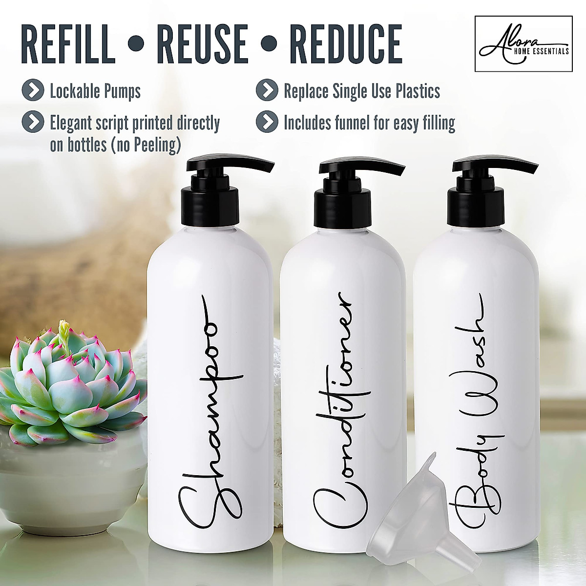 Alora 32oz Reusable Shampoo and Conditioner Bottles - Set of 3 - Easy to Read Labels - Pump Bottle Dispenser for Shampoo, Conditioner, Body Wash - Empty Plastic Refillable Containers for Shower