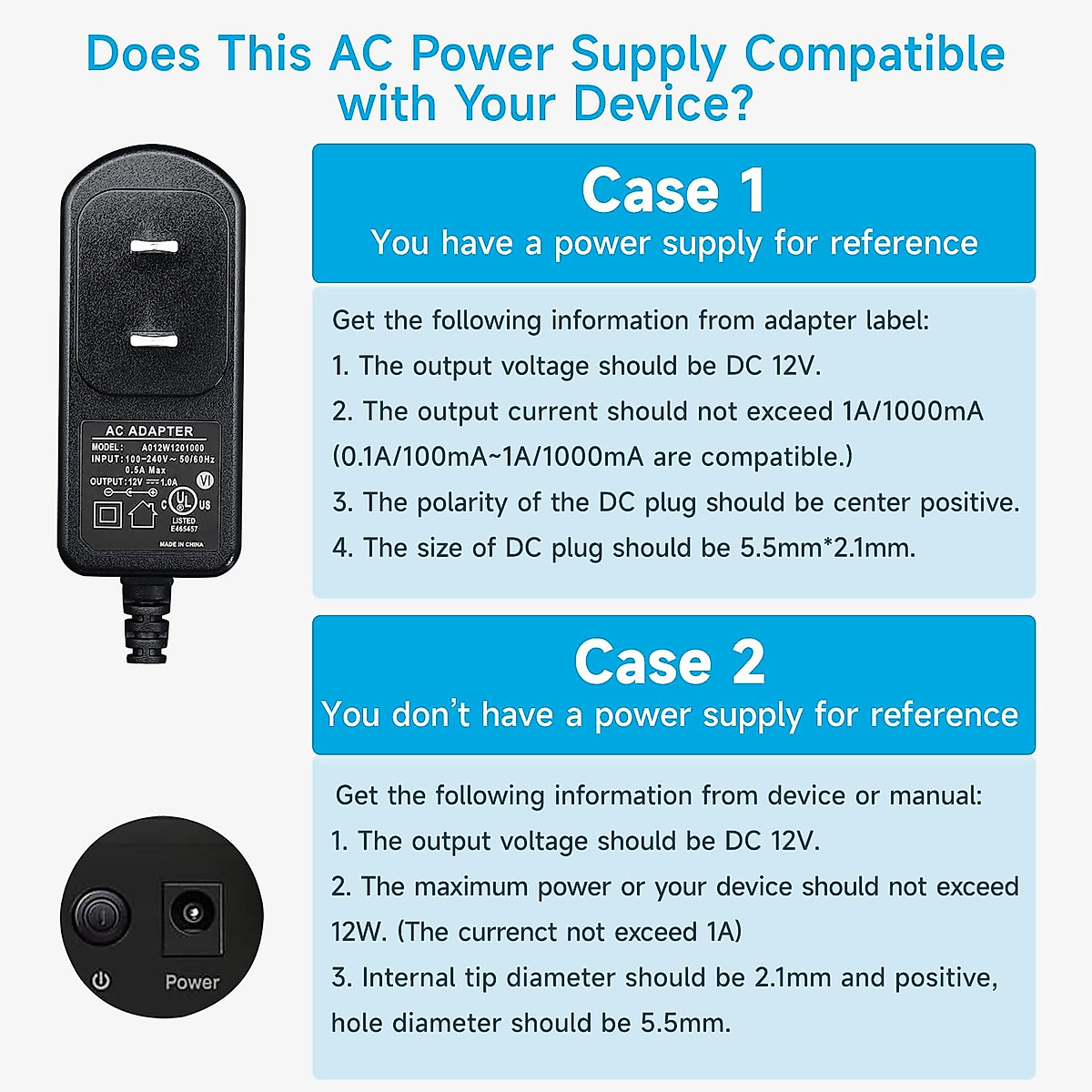 UL Listed 12V 1A 10ft Power Supply Adapter, Regulated 12Volts 1000mA 12W AC Adapter Charger Replacement for LED Strip Light Keyboard BT Speaker Router CCTV Camera Webcam DVR NVR and More