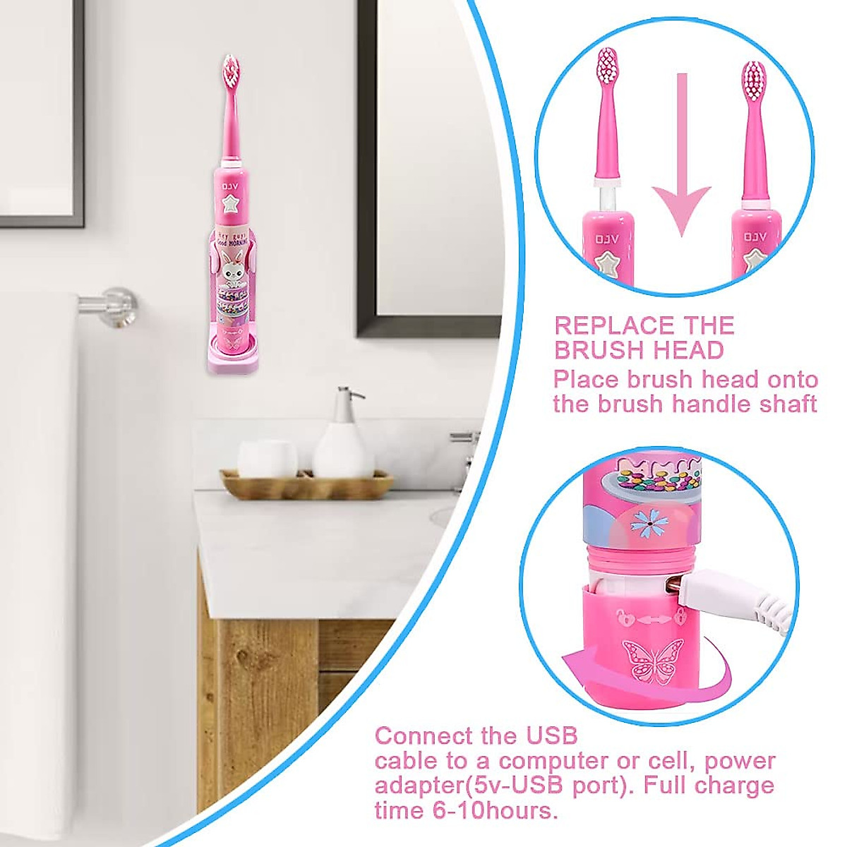 OJV 8620 Musical Electric Toothbrushes for Kids Children, 3 Modes 2 Min Timer, 6 Bristles Rechargeable Power Smart Sonic Music Play Song Toothbrush for Girls Age 3-14 with Wall Mounted Holder (Pink)