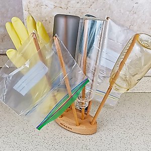 CRAKTH Plastic Bag and Bottle Drying Rack, Reusable Ziplock and Freezer Bag Dryer Rack, Space Saving, Beech Wood