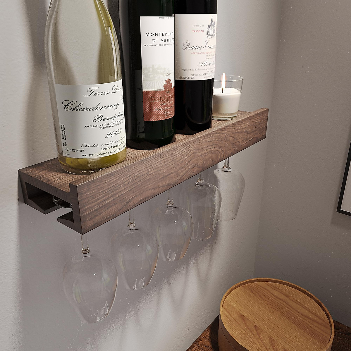 Rustic State Smith Wall Mounted Wood Floating Wine Bottle Rack with Glassware Holder Stemware Shelf Storage Organizer - Home, Kitchen, Dining Room Bar Décor - Walnut - Set of 2