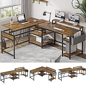 SEDETA L Shaped Desk with Lift Top, Convertible Home Office Desk, L Shaped Standing Desk with Storage Shelves, Monitor Stand, and Headphone Hook for Home Office, Rustic Brown
