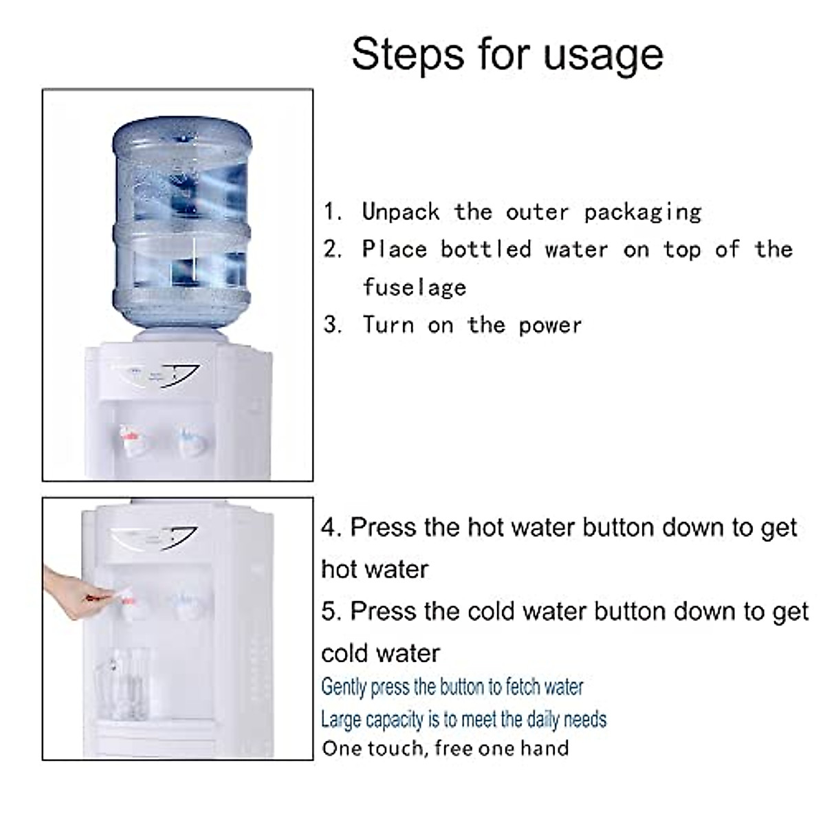 Water Cooler Dispenser for 5 Gallon Bottles, Top Loading Hot & Cold Water Freestanding Electric Water Cooler Machine with Child Safety Lock Perfect for Home Office w/Storage Cabinet, White