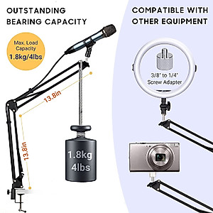 CAHAYA 2 in 1 Microphone Arm Stand and Phone Stand with Pop Filter 2 Mic Clip and 3/8" to 5/8" Adapter Heavy Duty Adjustable Suspension Boom Scissor Microphone Stand for Blue Yeti Snowball CY0263-1
