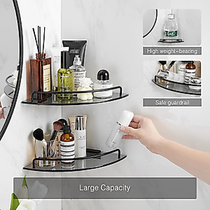 Voldra 2 Pack Glass Corner Shelf for Bathroom Corner Shower Caddy Shelf Black Tempered Glass Shelf with Rail Bathroom Corner Organizer Bathroom Shelves Wall Mounted