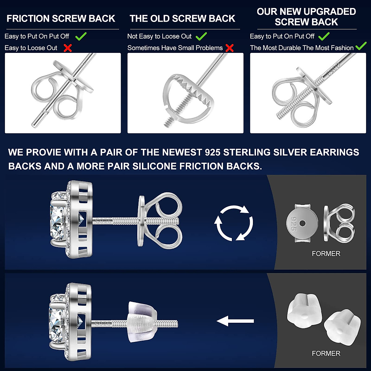 Moissanite Halo Stud Earrings Screw Back 0.2CT 3MM*2 18K White Gold Plated 925 Sterling Silver Lab Round Cut Brilliant D Color VVS1 Clarity Moissanite Halo Earrings for Women Men