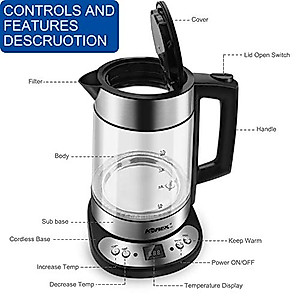 Korex Smart Electric Water Kettle Glass Heater Boiler Suitable for WIFI APP Alexa Google Home Assistant 1.7 L Great for Coffee Tea Milk With Overheat Protection Temperature Control