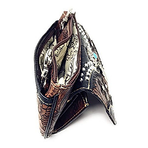 Western Feather Country Rhinestone Concho Laser Cut Wallet Cross Body Clutch Bag Purse (Brown) Small