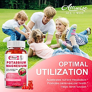 Potassium Magnesium Supplement Gummies with Potassium Citrate 200mg + Magnesium Glycinate 500mg for Bone & Muscle Relaxation,Mood & Energy Support.High Absorption Vitamin B6, D3, C.Raspberry Flavor