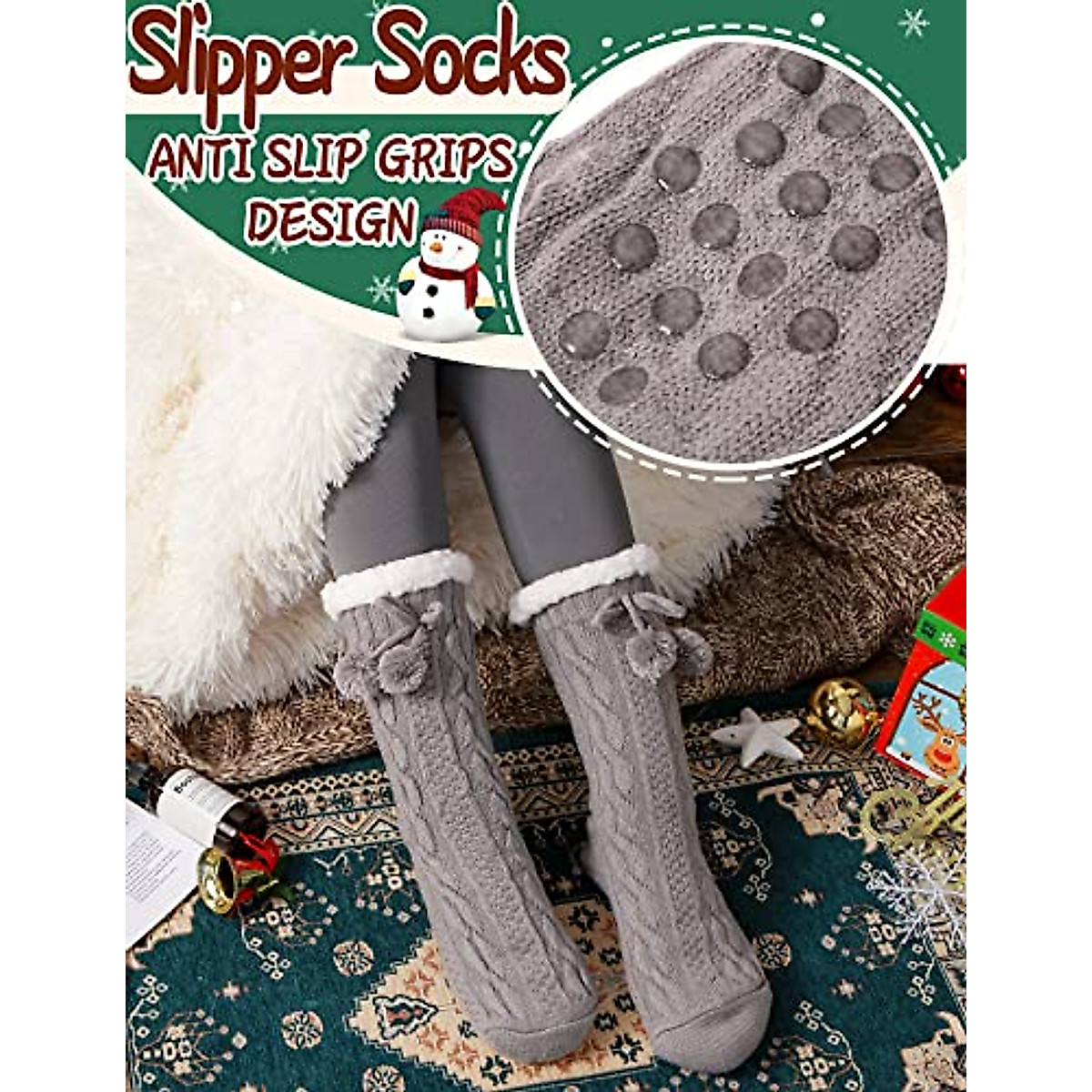 Fuzzy Socks for Women Slipper Fluffy Cozy Cabin Winter Warm Soft Fleece Comfy Thick Christmas Socks Grips Non Slip Stocking Stuffers for Women White Elephant Valentines Mothers Day Gifts for Mom Grey