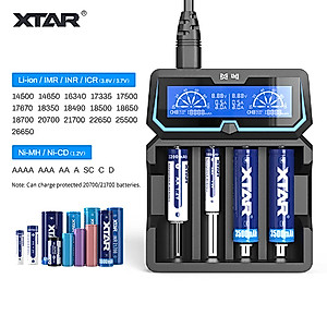 XTAR New X4 Universal 18650 21700 Battery Charger 2A Fast Charger for Rechargeable Li-ion/IMR/Ni-MH/Ni-Cd 18650 16340 20700 21700 26650 14500 AA AAA C Batteries with USB Output