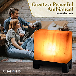 UMAID Himalayan Salt Lamp Rectangle, Salt Rock Lamp on Modern Wood Base, Night Light Bulb & Dimmable Cord, Natural Himalayan Pink Salt Lamp, Unique Home Decor, Zen Gifts, Spa & Meditation Accessories