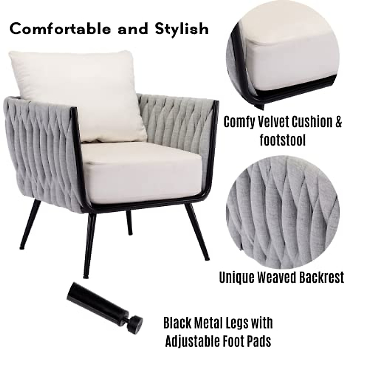 LukeAlon Velvet Accent Chair with Ottoman Set, Linen Weaved Back Living Room Chair with Metal Legs Upholstered Reading Chair with Armrest for Study Room Reception Room, Grey & Beige