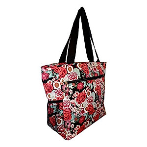 Large Multi - Pocket Fashion Zipper Top Beach Bag Tote - Custom Embroidery Available (Garden Floral)