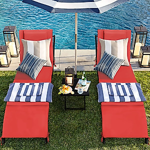 GUNJI Lounge Chairs for Outside 3 Pieces Patio Adjustable Chaise Lounge Outdoor Wicker Lounge Chairs Set of 2 with Table Folding Chaise Lounger for Poolside, Deck, Lawn (Red)