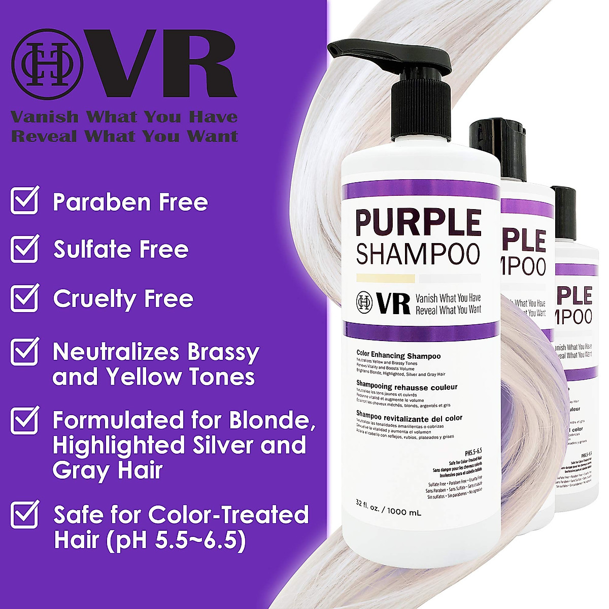 COCO-HONEY Purple Shampoo for Blonde Lightening Color Treated Hair Silver and Gray Highlighted Hair/Paraben Free/Cruelty Free/Sulfate Free/Safe for Color-Treated Hair 8 oz
