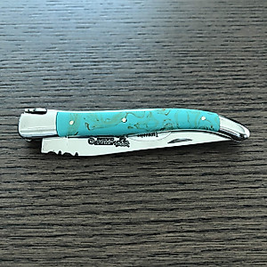 Laguiole en Aubrac Handmade Luxury Folding Pocket Knife, 4.8-in (12cm). Genuine Turquoise Handle, Hand Forged Bee, Stainless Steel Shiny Bolsters