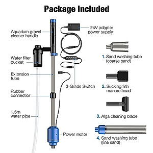 Electric Aquarium Gravel Cleaner Pro, Fish Tank Gravel Cleaner, 6 in 1 Automatic Aquarium Vacuum Cleaner Kit for Water Changing/Wash Sand with Adjustable Water Flow, DC 24V, 24W【3-Grade Control】