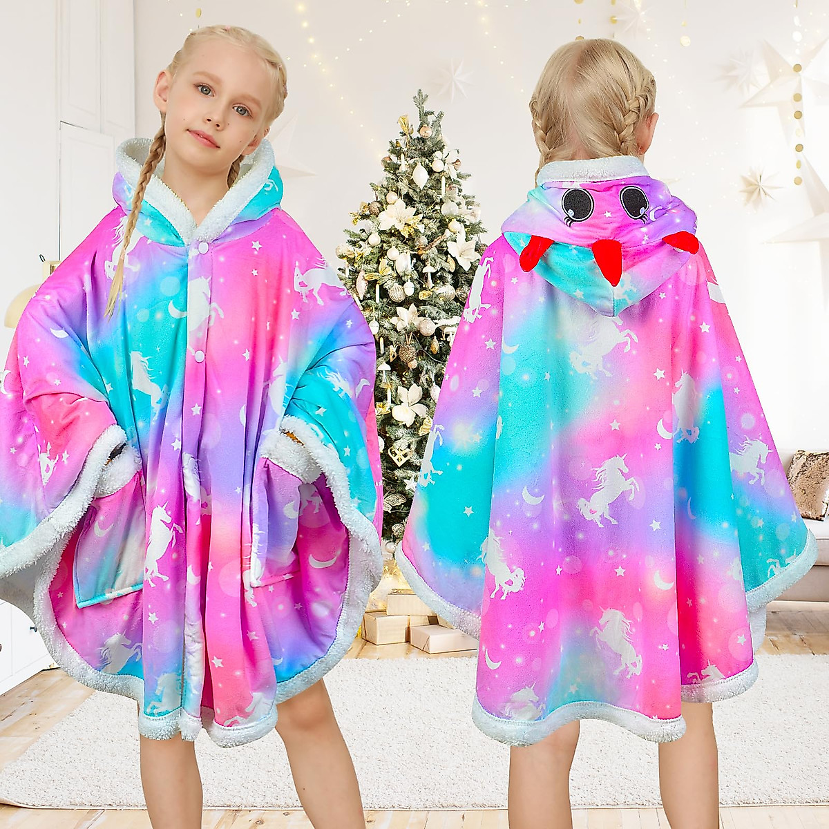 Fiodrimy Kids Wearable Blanket Hoodie Angel Wrap Hoodie Blanket Girls Uniorn Poncho Wrap Throw Cape Shawl 3-10 Years Gifts