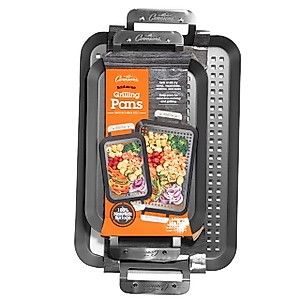 Camerons BBQ Grill Topper Grilling Pans (Set of 2 - Non-Stick Barbecue Trays w Stainless Steel Handles - Indoor Outdoor use for Barbecue & Smoked Meat, Vegetables & Seafood - Grill Accessory Gift Pack