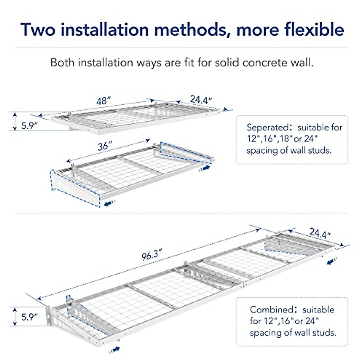 FLEXIMOUNTS 2-Pack 2x4ft Bike Storage Rack Garage Wall Shelves, 24-inch-by-48-inch, White