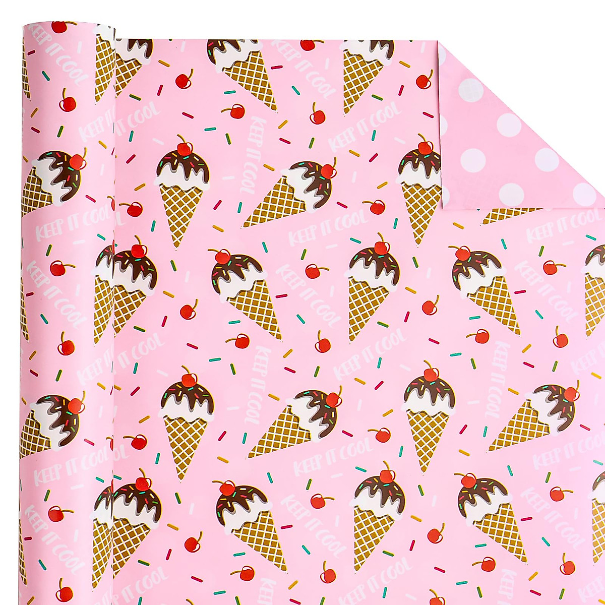 WRAPAHOLIC Reversible Wrapping Paper - Mini Roll - 17 Inch X 33 Feet - Ice-Cream Design for Birthday, Holiday, Party, Baby Shower