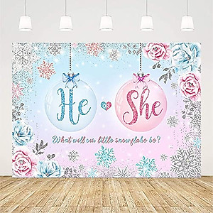 AIBIIN 7x5ft Winter Snowflake Gender Reveal Backdrop Pink or Blue He or She What Will Baby Be Boy Girl Floral Photography Background Baby Shower Party Decoration Banner Supplies Photo Studio Props