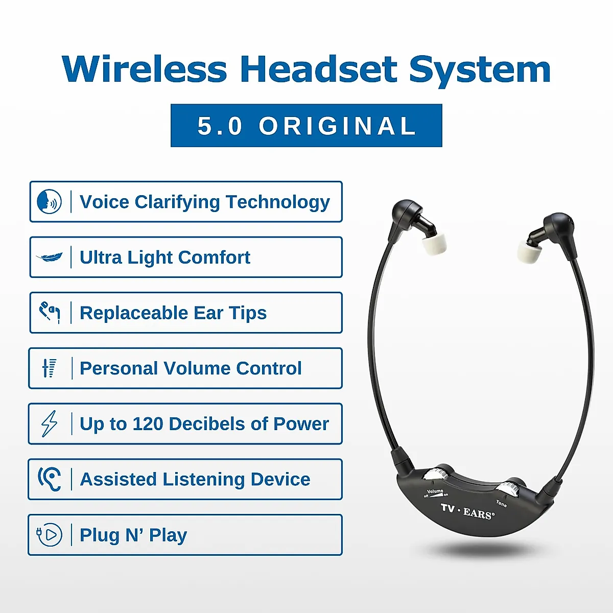 TV · EARS Analog Wireless Headset System - Wireless Headset for TV, Ideal for Seniors & those with Hearing Difficulties, Plug N' Play RF Transmitter Headset with TV Earbuds, Compatible with Most TVs