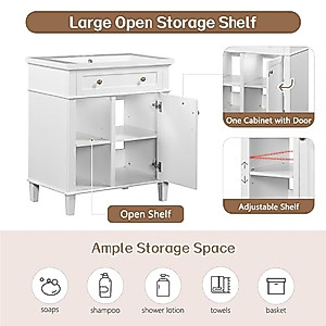 PIETFIU 30" Bathroom Vanity with Ceramic Sink Set,Storage Cabinet and Adjustable Shelf,Solid Wood Frame (White, 30 Inch)