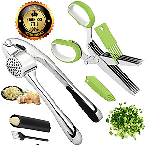 Premium Garlic Press Set - Easy to Squeeze Ergonomic Handle Garlic Crusher - Rust Proof & Dishwasher Safe Garlic Mincer Tool, Garlic Press Stainless Steel, Garlic Peeler & Brush (Chrome Silver)