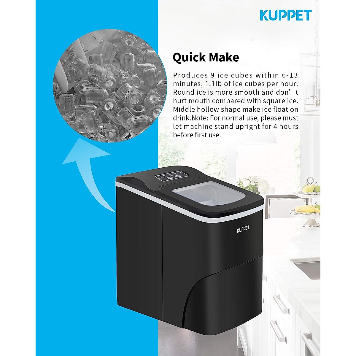 KUPPET Ice Maker Machine for Countertop, Portable Ice Cube Makers, Make 26 lbs ice in 24 hrs,Ice Cube Rready in 6-8 Mins with Ice Scoop and Basket for Home/Office/Bar (Black)