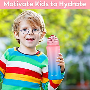 OLDLEY Kids Water Bottle for School with Straw Chug Lid, 15 oz Unbreakable Leak-Proof BPA-Free Motivational Water Bottles with Time Marker for Travel Sports Gym, 2 Lids, Candy Pink/Blueberry