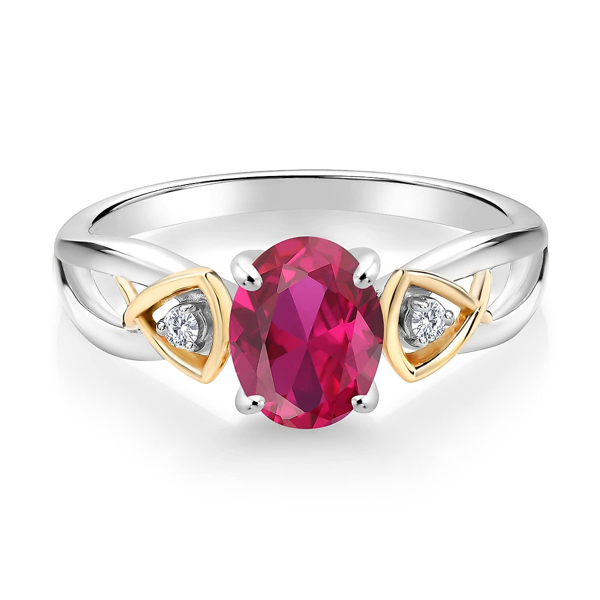 Gem Stone King 2 Tone 925 Sterling Silver and 10K Yellow Gold Red Created Ruby and White Lab Grown Diamond Women Engagement Ring (1.38 Cttw, Available In Size 5, 6, 7, 8, 9)