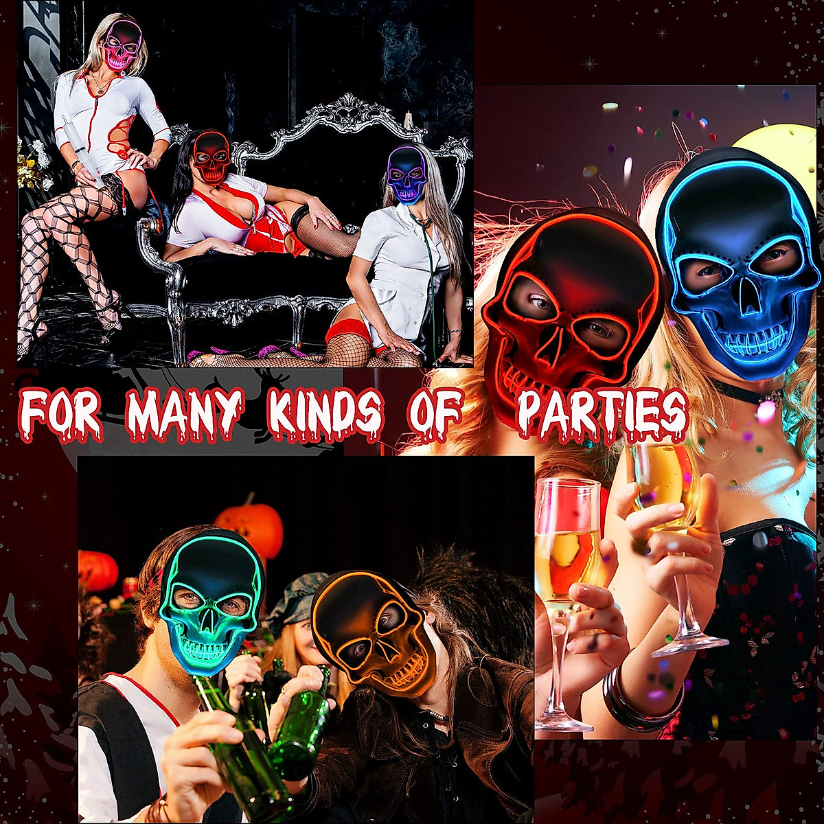 Lenwen 3 Pieces Halloween LED Mask Light up Scary Skull Face Cover Glowing Halloween Skull Cover for Cosplay Halloween Party Supplies Favor (Purple, Red, Orange), 9.6 x 6.7 inches