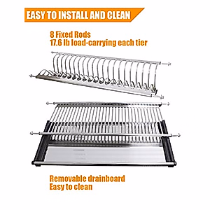 Kitchen Hardware Collection 2 Tier Cabinet Dish Drying Rack Stainless Steel 22.24 Inch Length 20 Dish Slots Kitchen Plate Bowl Utensils Cups Draining Rack Organizer with Drainboard