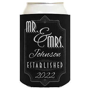 Engagement Party Favor For Women Mr & Mrs Custom Name and Established Date 2-Pack Personalized Can Coolie Drink Coolers Coolies Black
