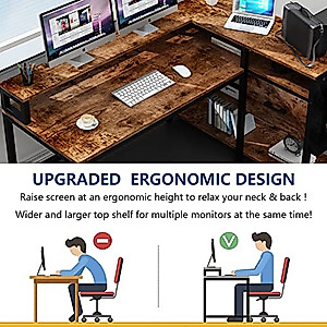 Loomie Reversible L Shaped Desk with Drawer, 55" W x 41" D Industrial Corner Computer Desk with 4 Tier Shelves & Monitor Stand and Bag, Study Table for Home Office, Rustic