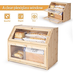 LEIMO KPARTS Bread Storage Farmhouse Bread Box For Kitchen Countertop,Double Layer Bamboo Wooden BreadBox Large Capacity Bin Bread Holder For Kitchen Counter Bread Container With Clear Window