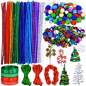 Winlyn 475 Set Christmas Jingle Bell Wreath Christmas Tree Ornaments Craft Kit Jingle Bell Metallic Chenille Stems Glitter Pom-Poms Ribbon Assortment for Kids Holiday Xmas Bracelets Necklaces Artwork