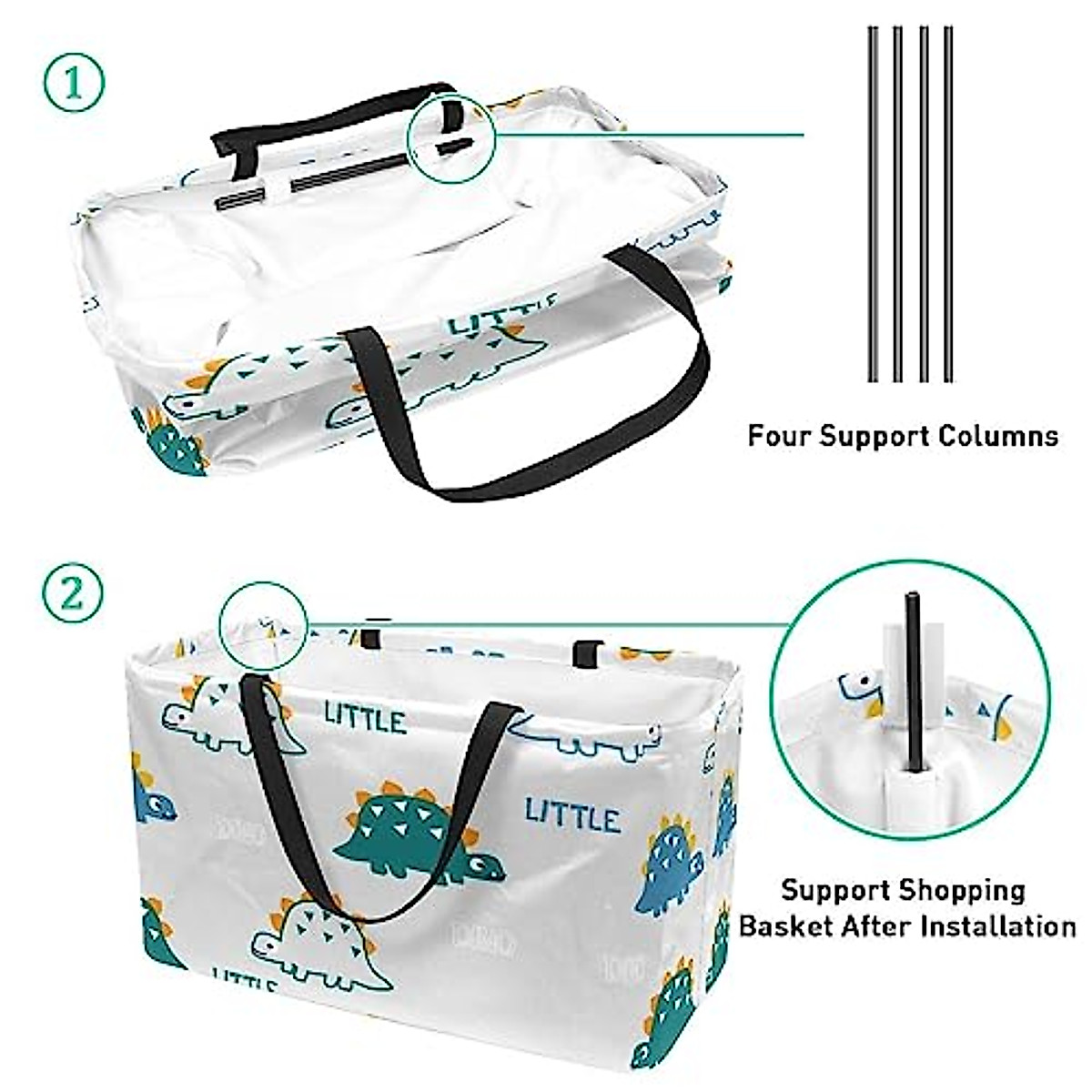 Dinosaur Full Print Large Capacity Laundry Organizer Tote Bag - Reusable and Foldable Oxford Cloth Shopping Bags