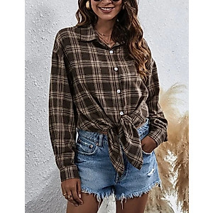 HangNiFang Flannel Shirts for Women Oversized Coffee Plaid Shirts Blouse Tops(0368-Coffee-M)