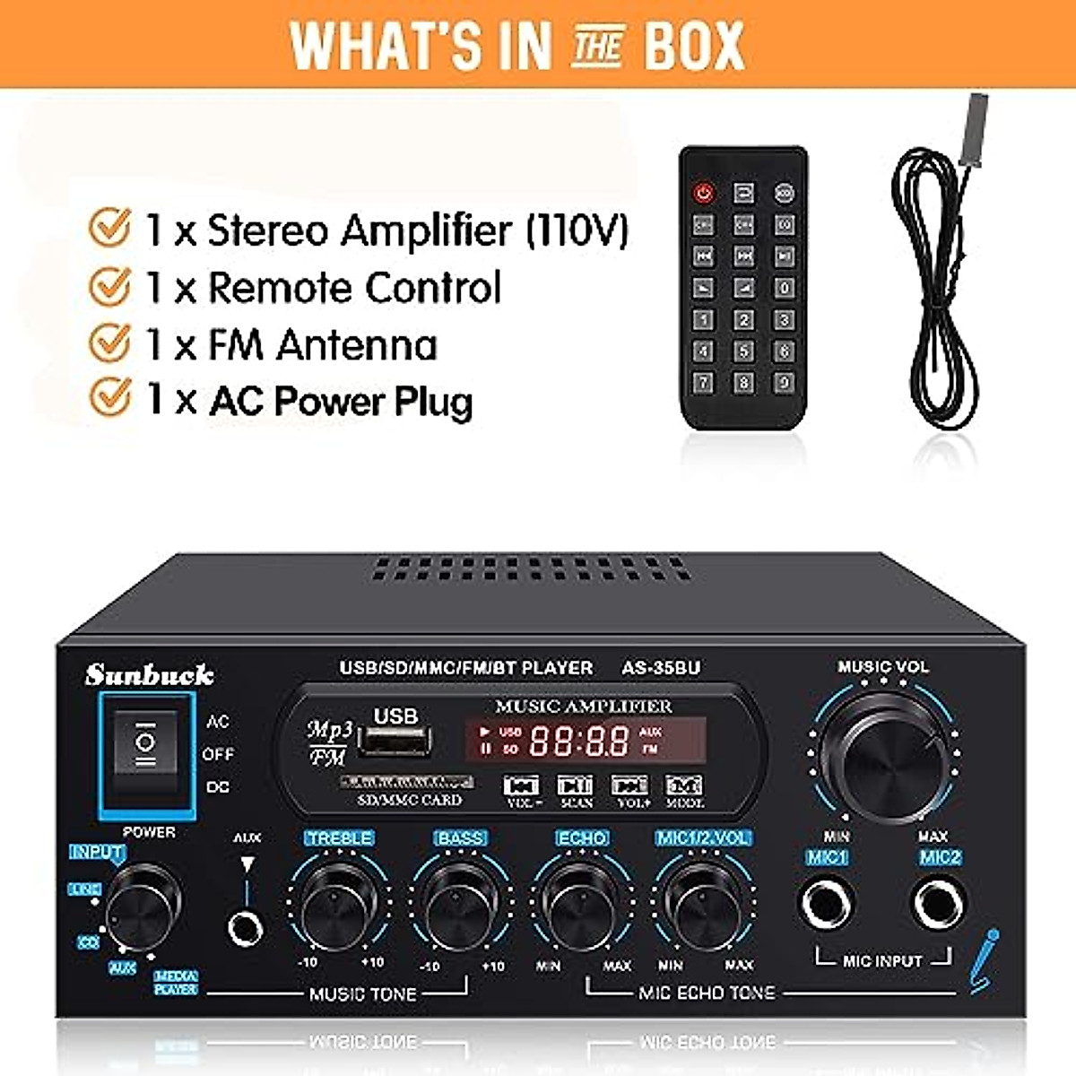 Sunbuck Max 400Wx2 Power Amplifier, 2 Channel Stereo Amplifier, Stereo Receivers with Bluetooth 5.0, Outdoor Speaker Receiver with Remote Control, Hi-Fi Small Amplifier for Speakers, AS-35BU